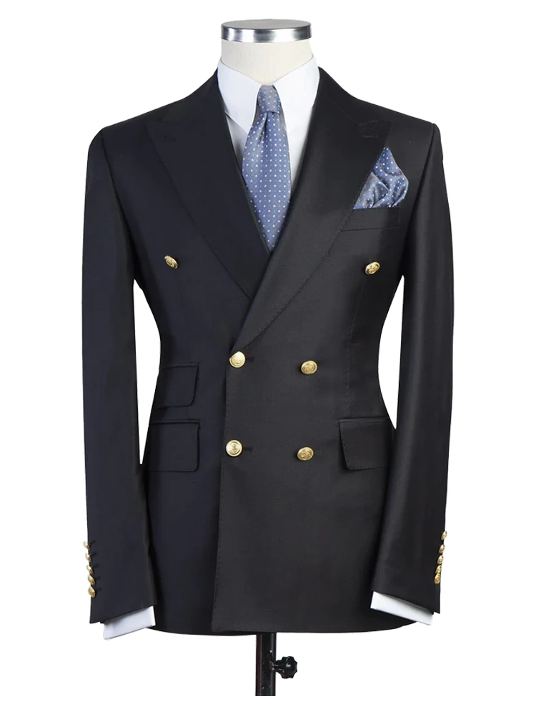 Stylish Black Peak Lapel Double Breasted Gold Button Wedding Suit – zarayee